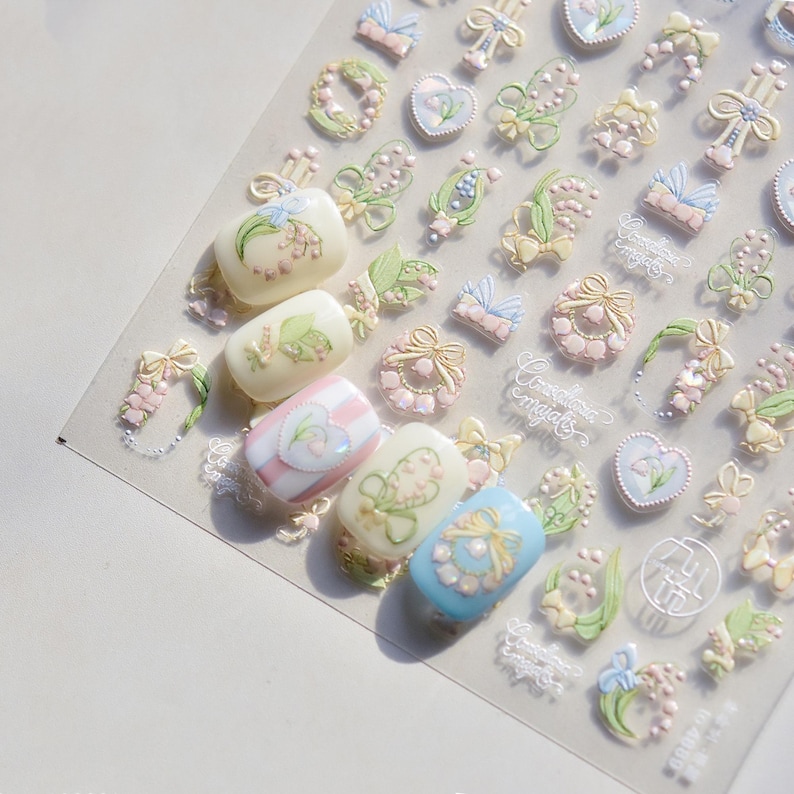 3D Lily of the Valley Nail Stickers, Pink Yellow Floral Stickers ...