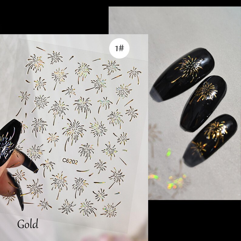 Firework Stickers, Gold/ Silver/ Rainbow Coloured/ White/ Black Nail ...