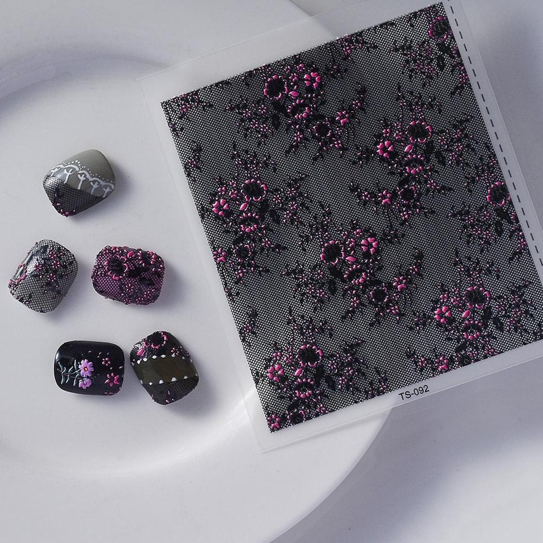 Gothic Floral Lace Nail Stickers, Pink Black Victorian Inspired Nail ...