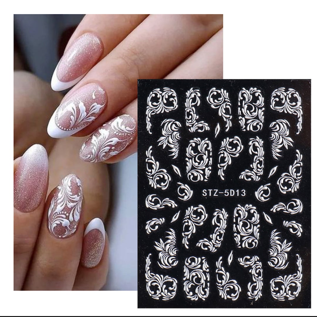 5D Nail Stickers, Lace Stickers, Elegant Embossed Flower Decals, White ...