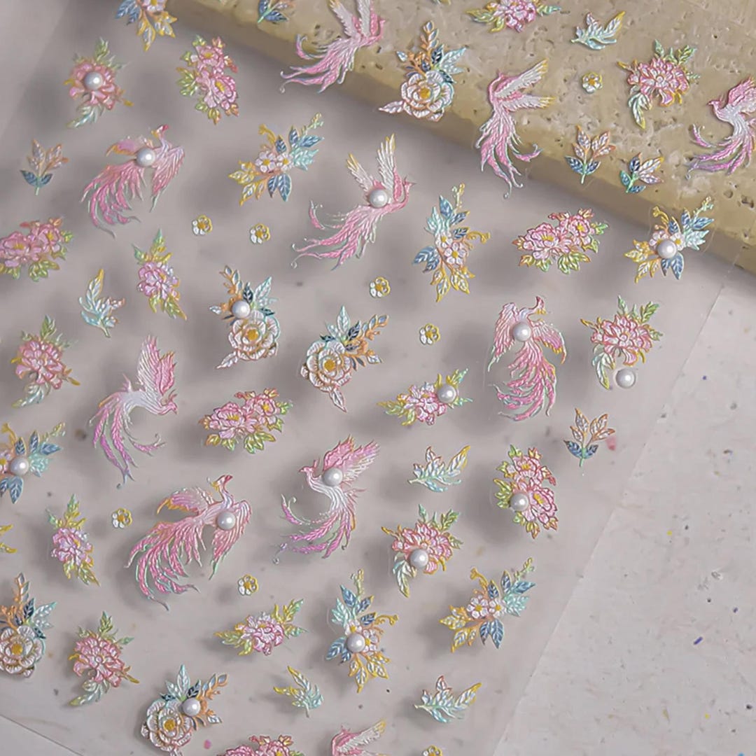Pink, Blue, Orange Phoenix Nail Stickers, Holographic Bird & Floral ...