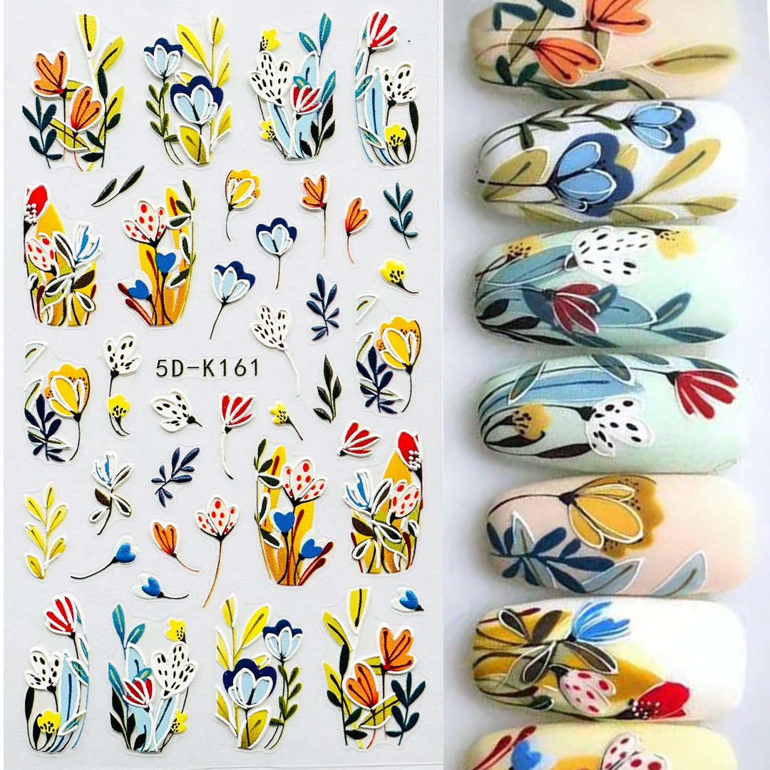Colorful Flowers Nail Sticker, Wildflower Nail Art Decals, Floral Nail ...