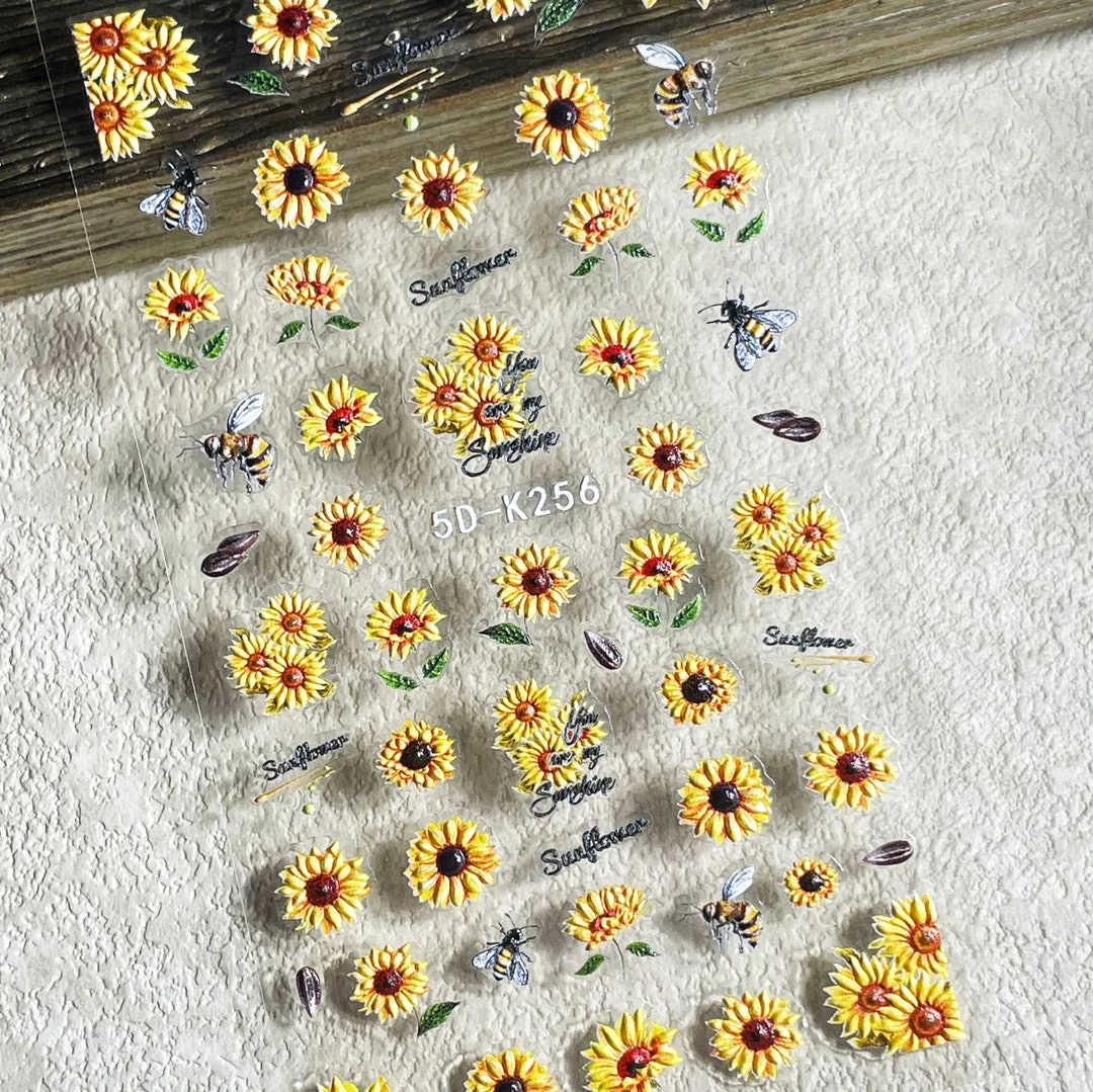 Sunflower Nail Sticker, Yellow Flowers Self-adhesive Nail Decals, Bee ...