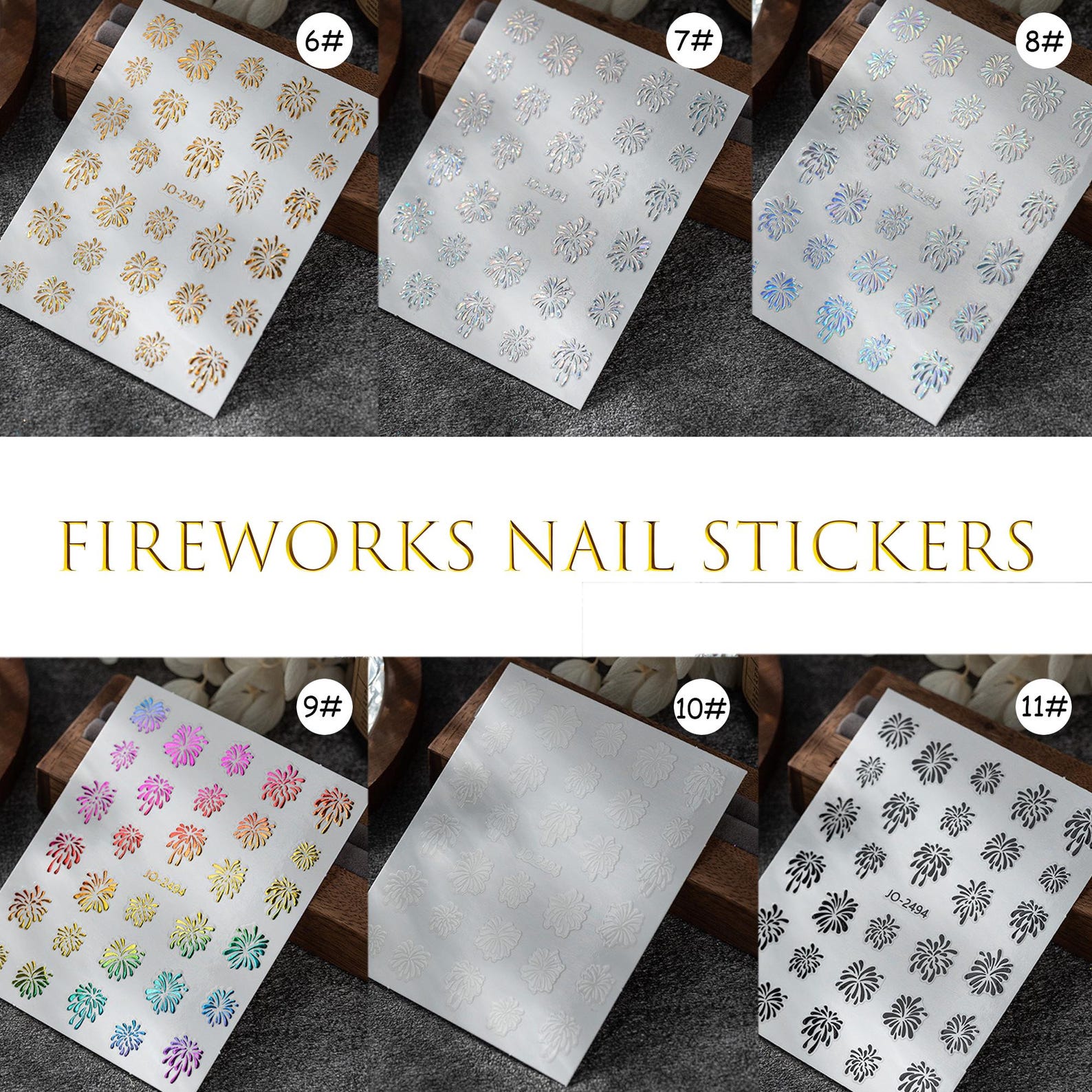Firework Stickers, Gold/ Silver/ Rainbow Coloured/ White/ Black Nail ...
