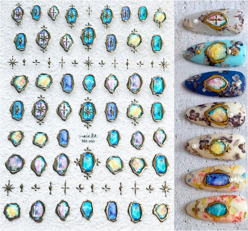 Gold Framed Stickers for Nail Art Blue Gem Stickercross Star - Etsy