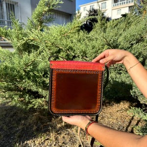 Handmade Orange Sycamore Leaves Leather Crossbody Bag With Engraved ...