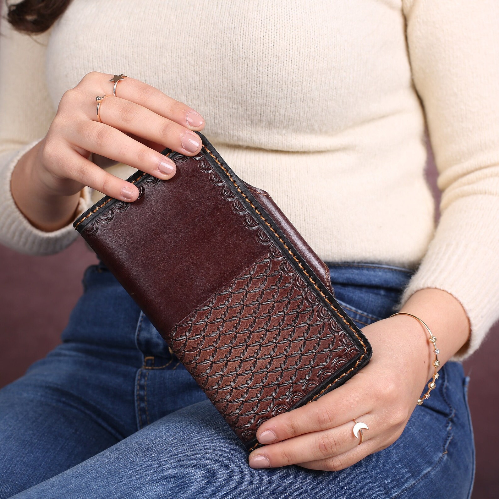 Handmade Genuine Leather Large Ladies Leather Wallet Have Phone ...