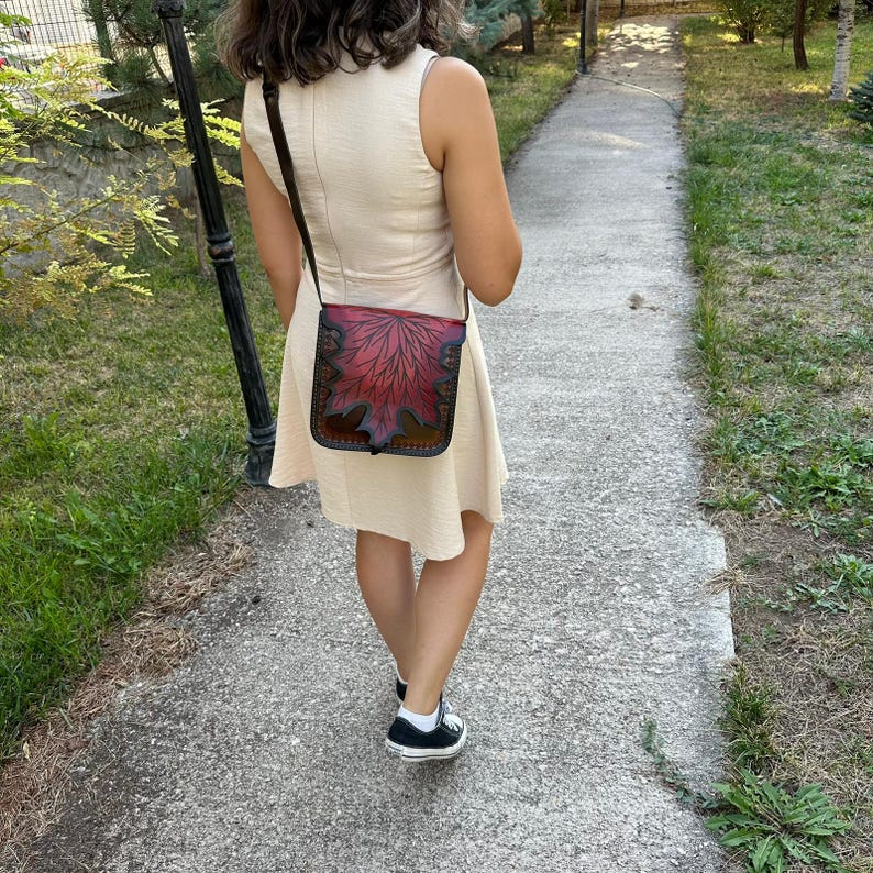 Handmade Orange Sycamore Leaves Leather Crossbody Bag With Engraved ...