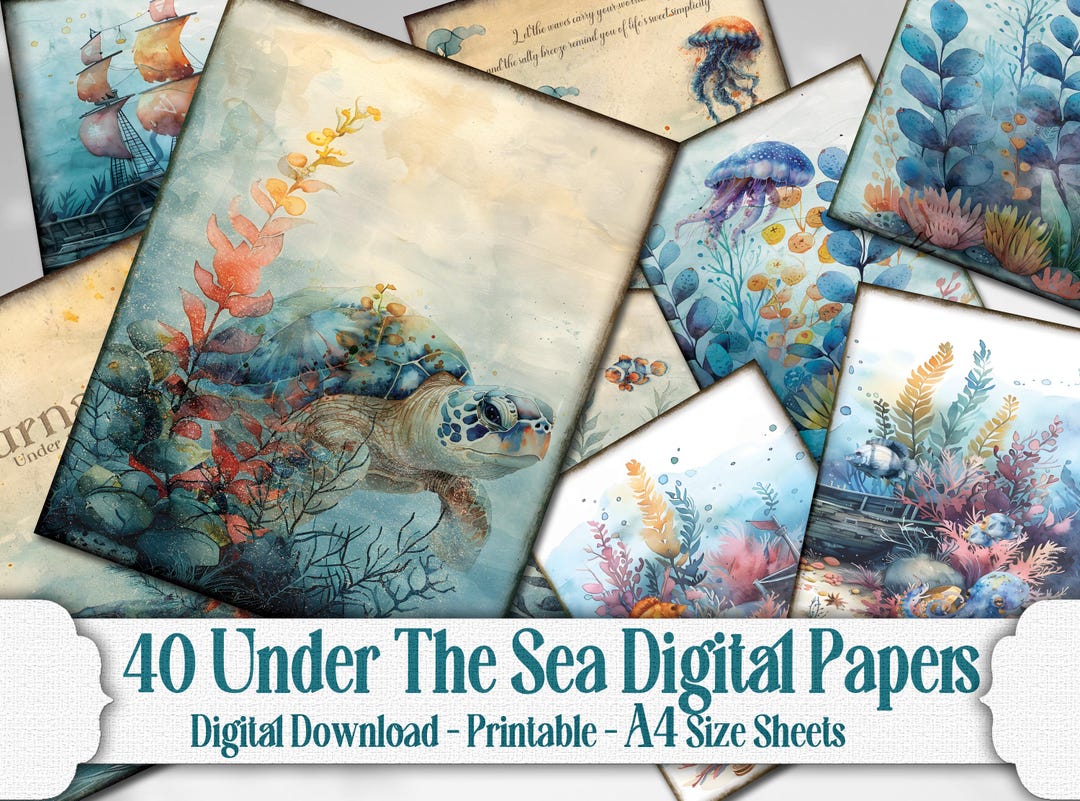 Ocean Life Under the Sea Digital A4 Size 40 Paper Scrapbook Backgrounds ...