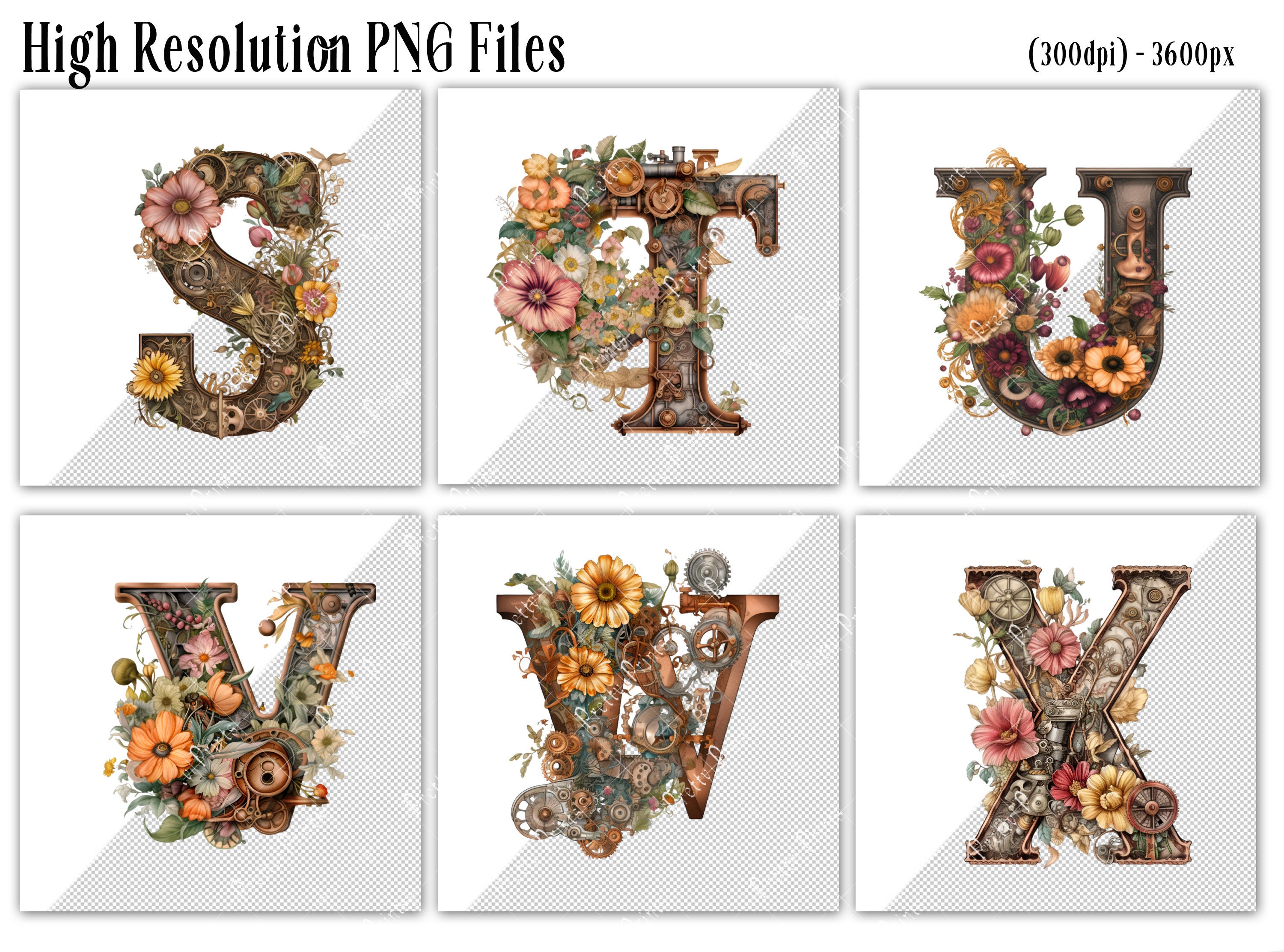 Steampunk Floral Alphabet Clip Art Full Set of ABC Pngs - Etsy