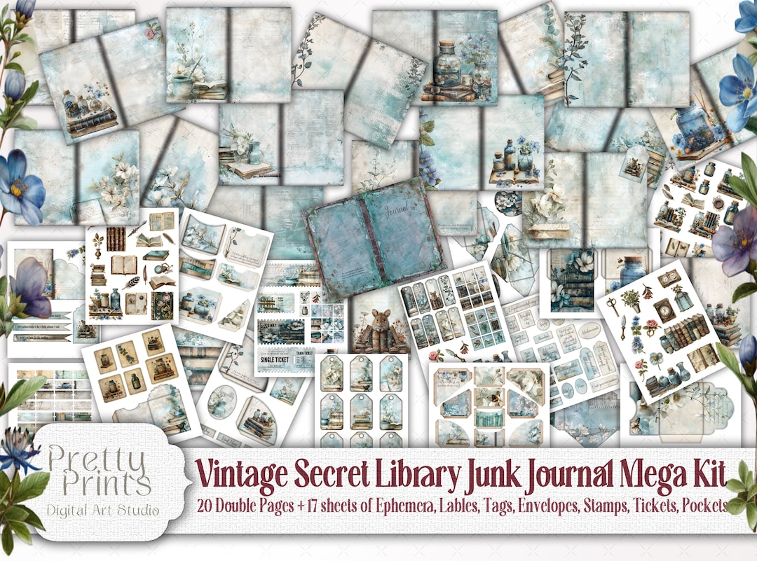 Secret Library Junk Journal Printable Kit, 100+ Ephemera, Blue Library ...