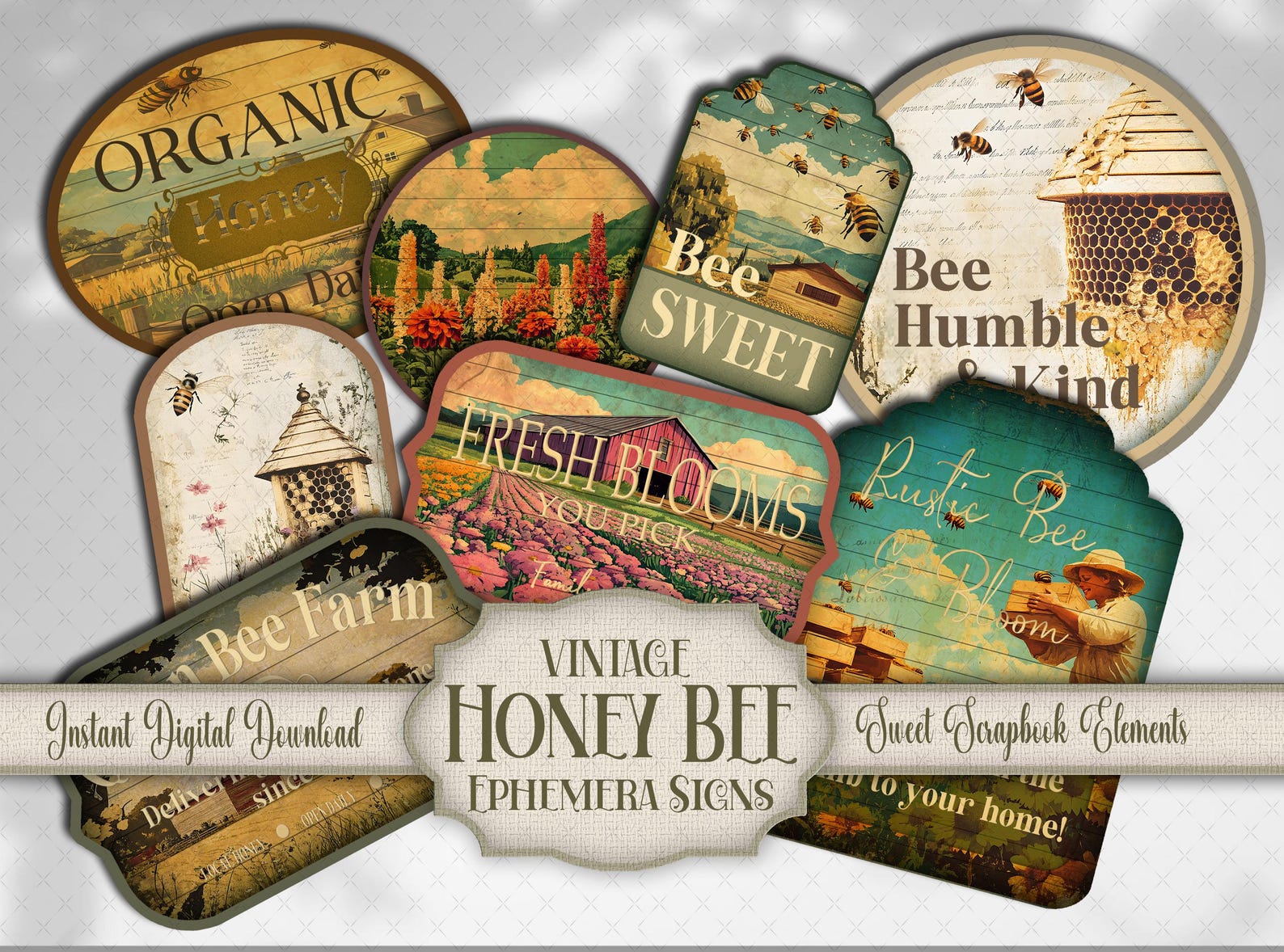Bee Fussy Cut Signs & Labels: Retro Honey Ephemera Stickers | Junk ...