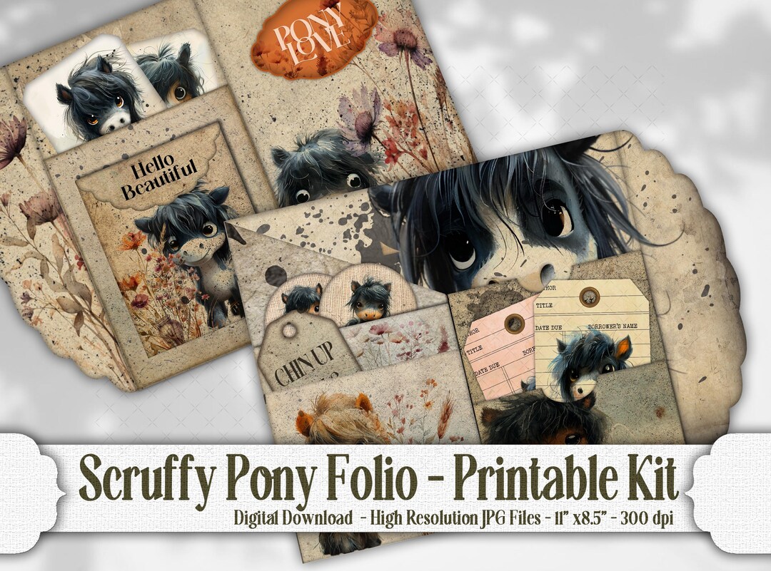 Cute Shaggy Pony Junk Journal Folio Kit, Adorable Horse Lovers ...