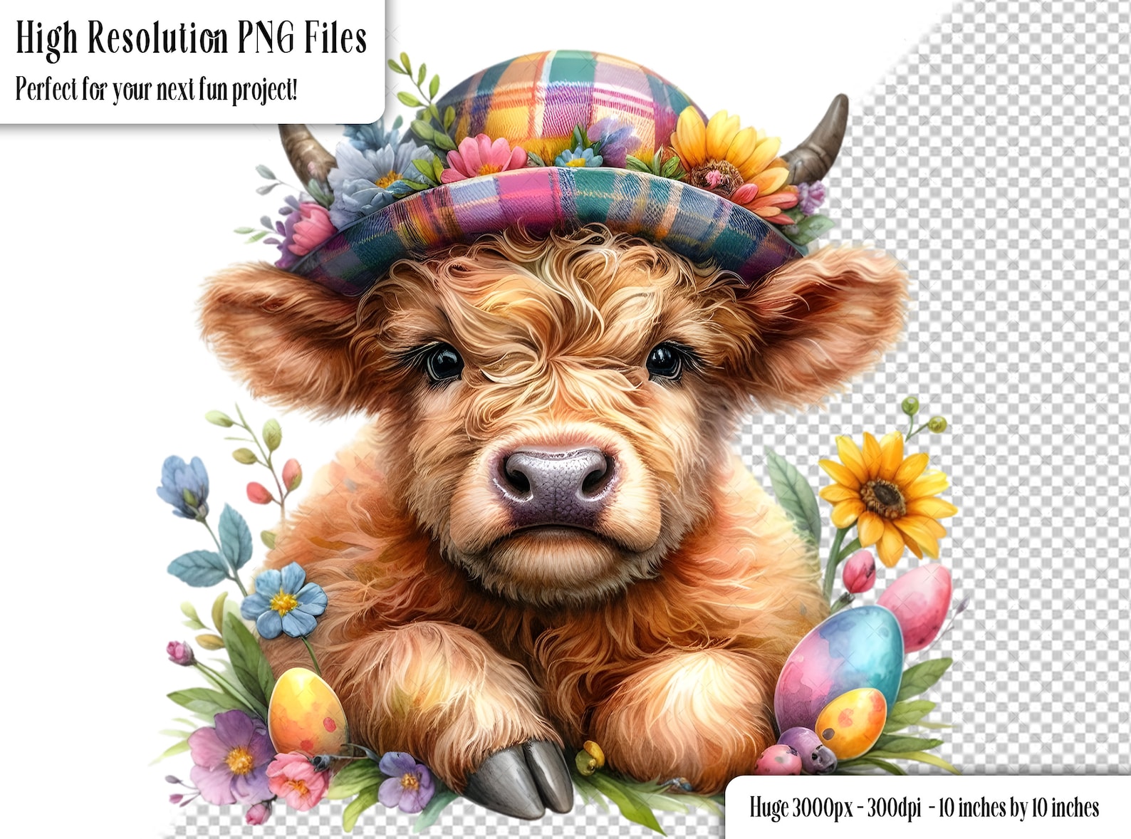 10 Cute Easter Highland Cow PNG Clip Art Bundle, Instant Digital ...
