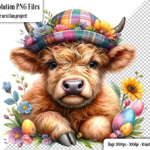 10 Cute Easter Highland Cow PNG Clip Art Bundle, Instant Digital ...