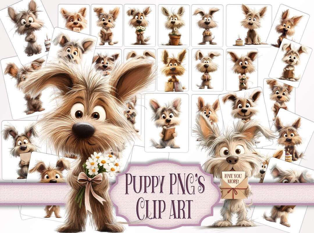 Whimsical Puppy Dog PNG Clip Art Set – 60 Cute Canine Graphics for Junk ...