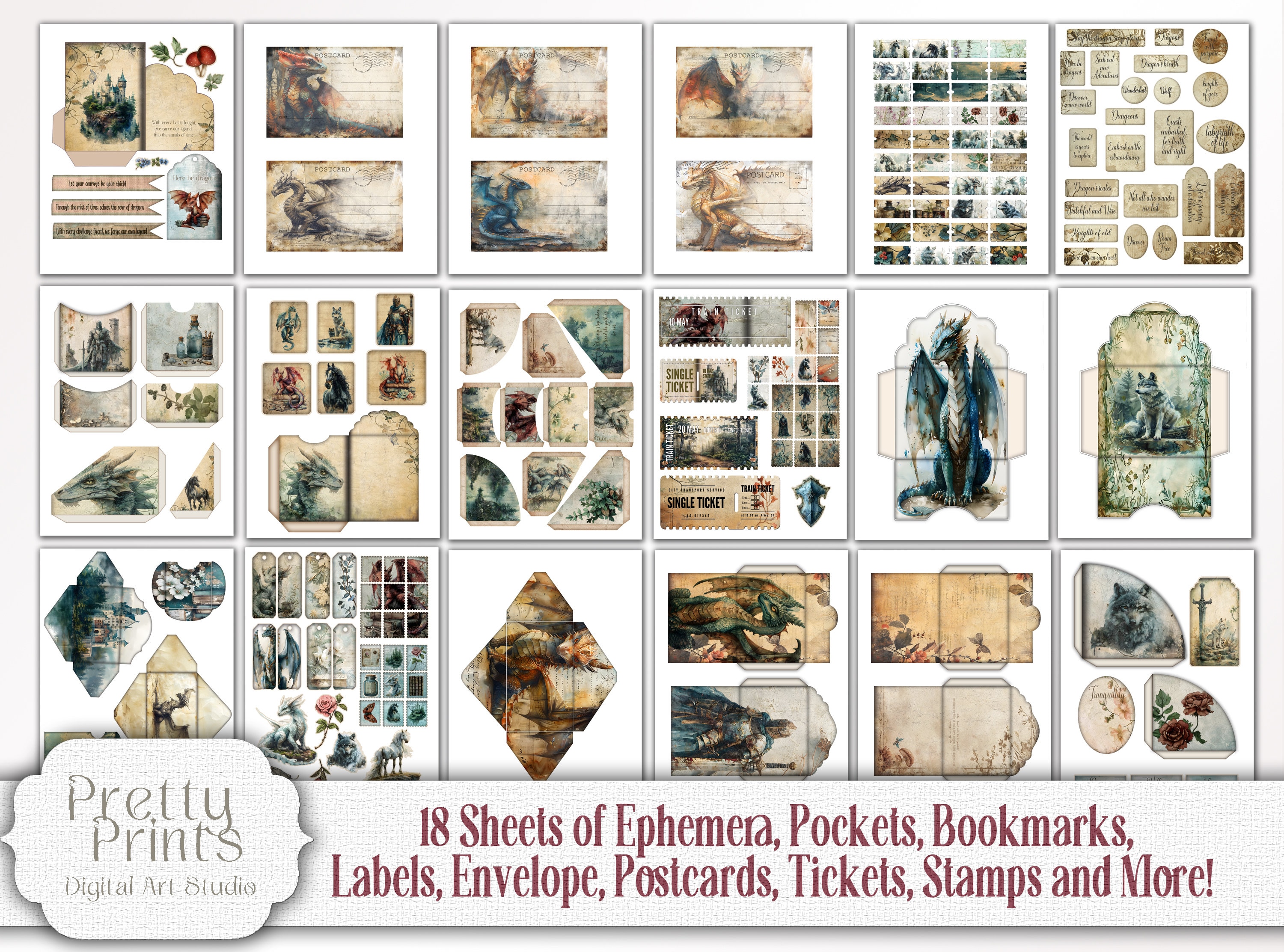 Medieval Dragons and Knights Fantasy Junk Journal Pack: Printable ...