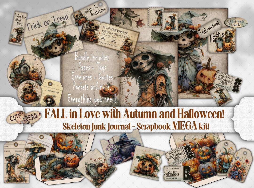 Halloween Skeleton Junk Journal Pack: Haunted Scrapbook Paper Craft ...
