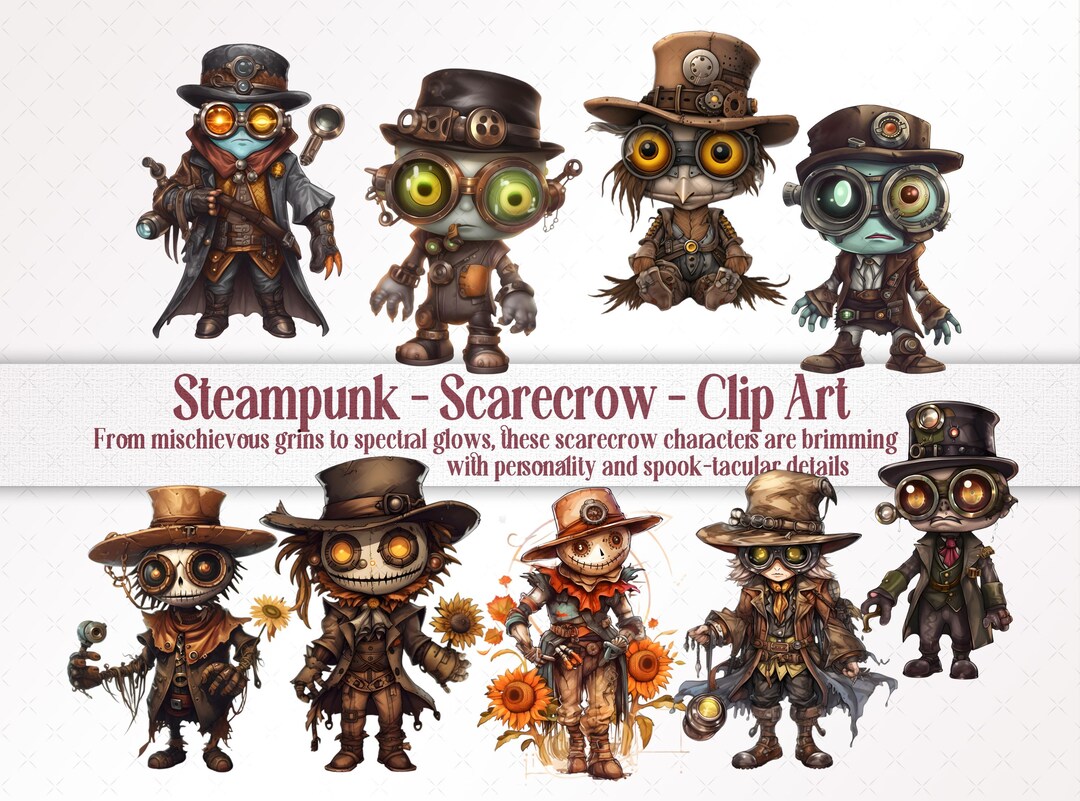 9 Steampunk Fantasy Halloween Scarecrow Clip Art Graphics - Junk ...