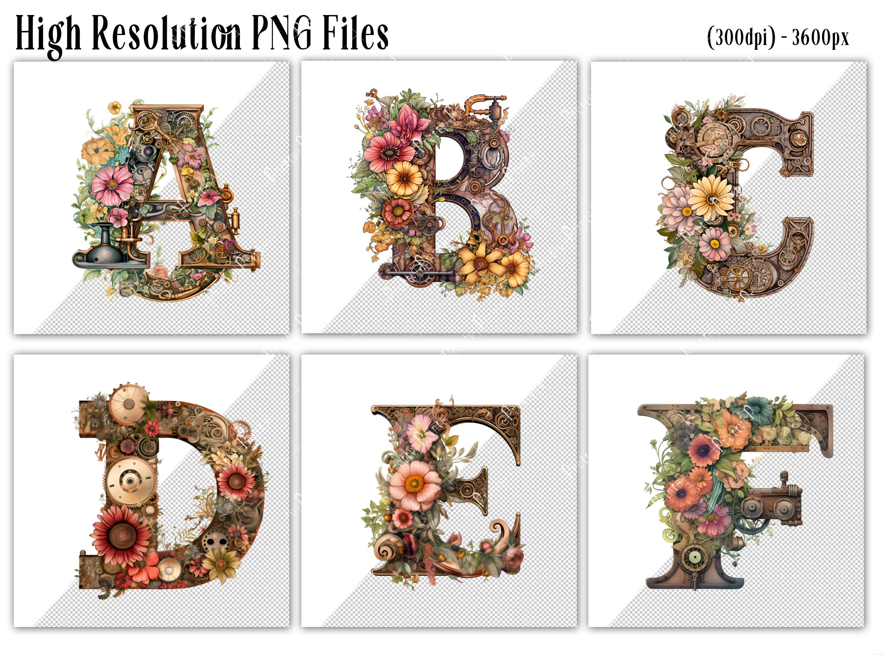 Steampunk Floral Alphabet Clip Art Full Set of ABC Pngs - Etsy
