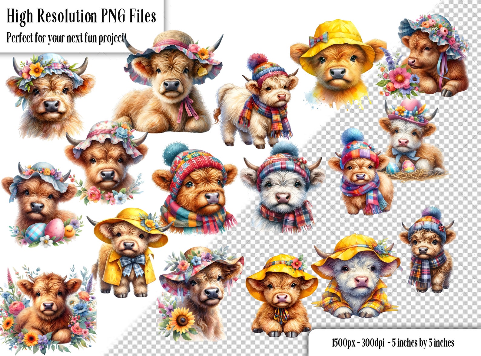 36 Cute Seasonal Highland Cow PNG Clip Art Bundle, Instant Printable ...