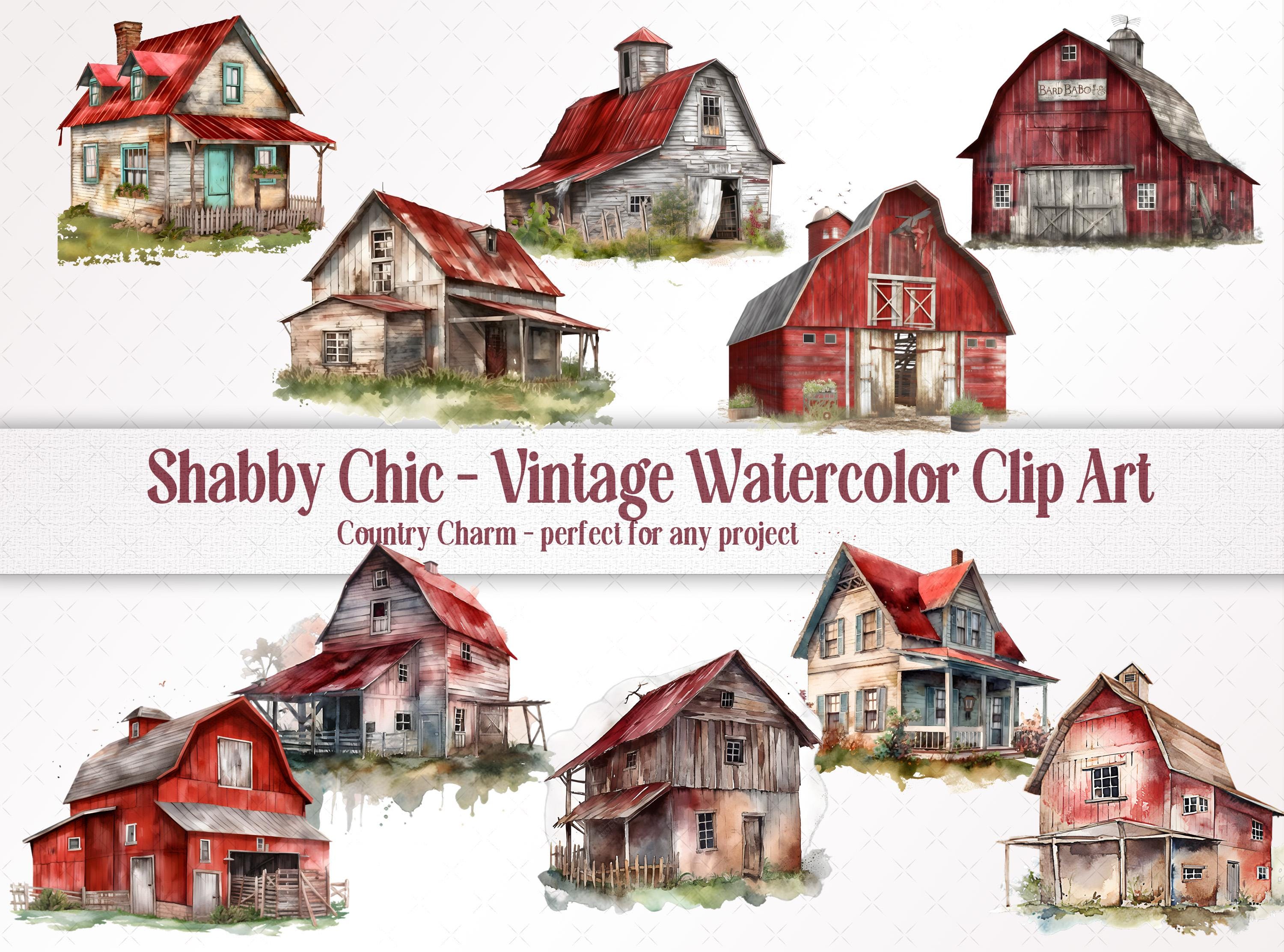 Red Barn Farmyard Clip Art: Shabby Chic Farmhouse Graphics - Stickers ...