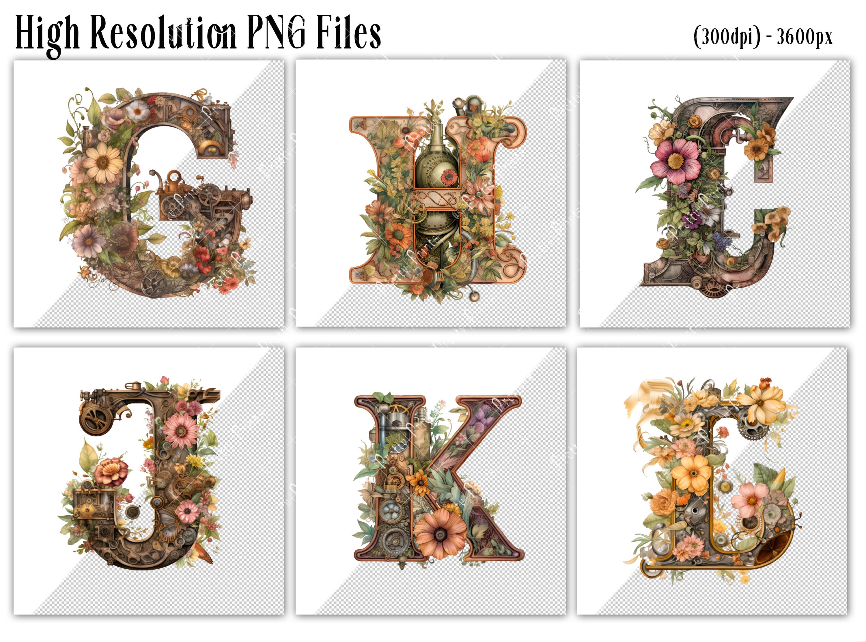 Steampunk Floral Alphabet Clip Art Full Set of ABC Pngs - Etsy