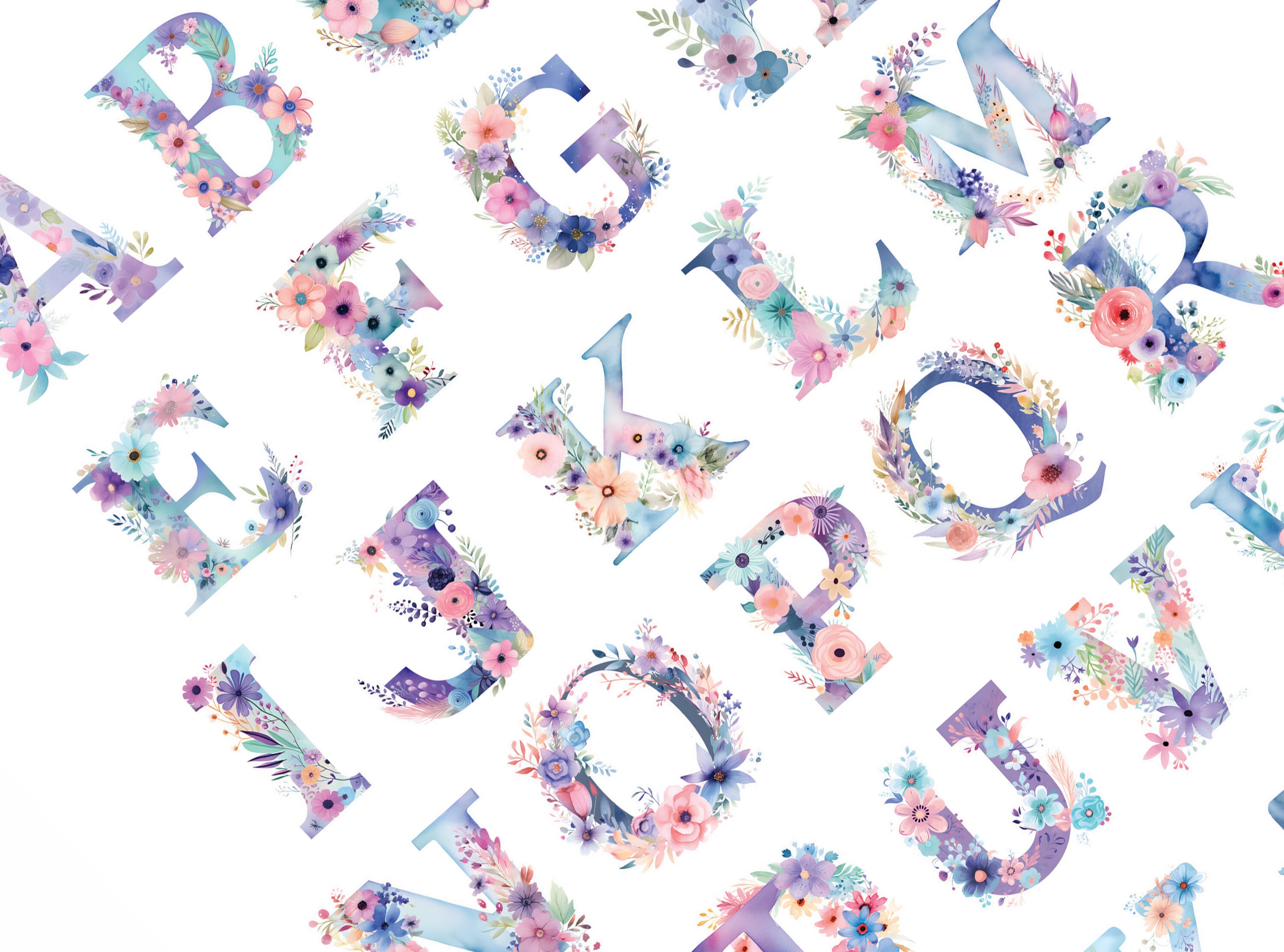 Cute Pink Alphabet Clip Art Full Set of Pngs Floral Initial Letters ...