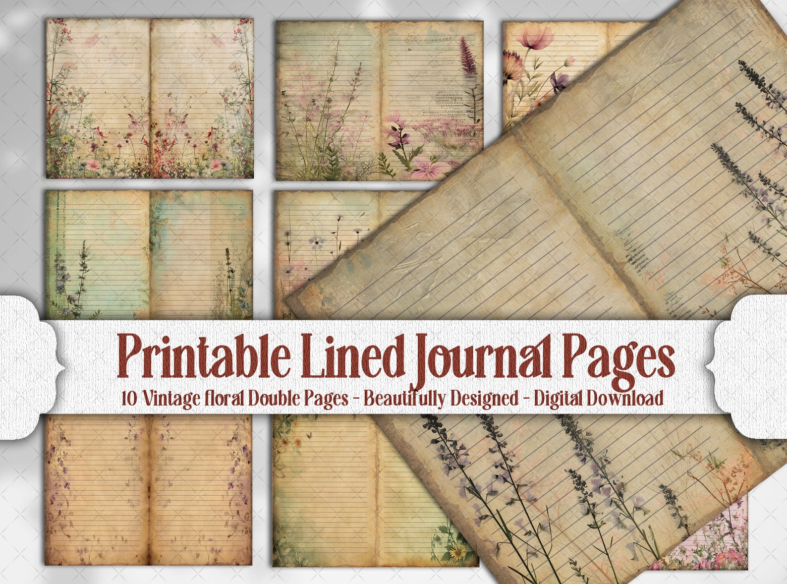 10 Printable Floral Lined Digital Paper Vintage Junk Journal Scrapbook ...
