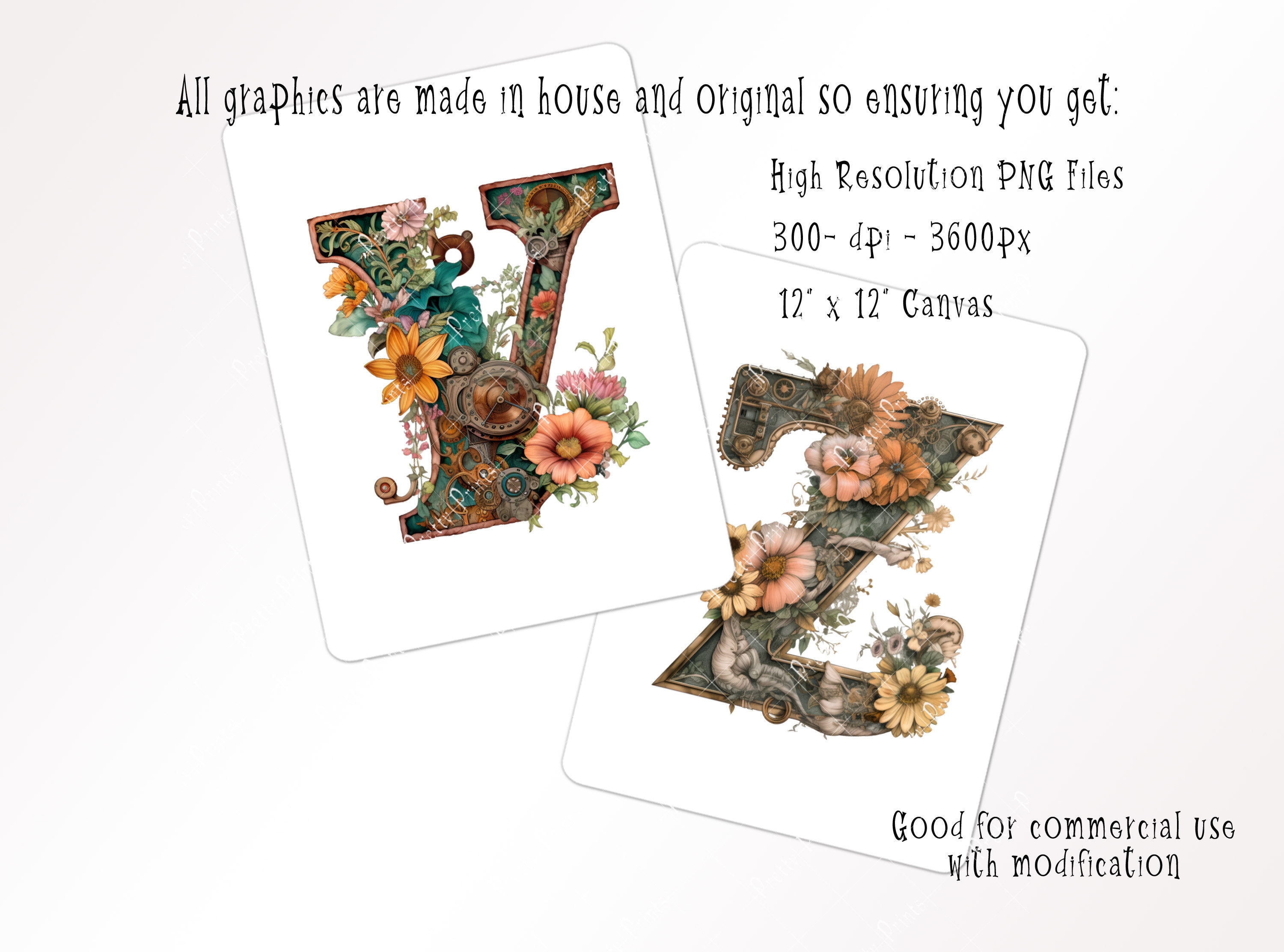 Steampunk Floral Alphabet Clip Art Full Set of ABC Pngs - Etsy