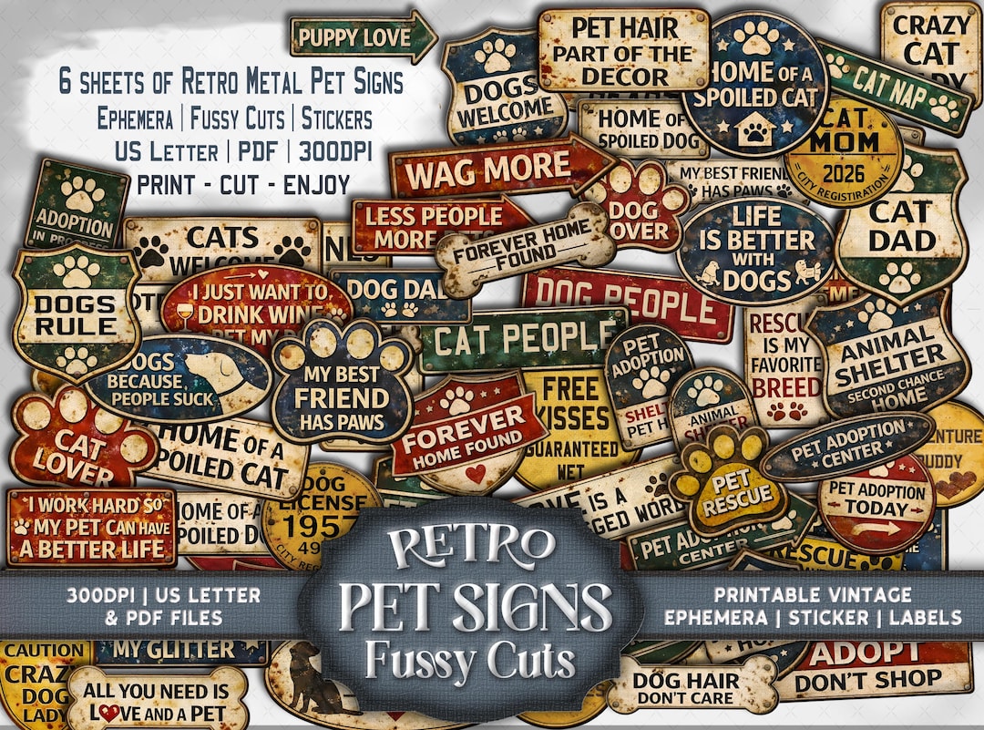Retro Pet Tag Ephemera Signs: Pet Rescue Junk Journal - Scrapbook Fussy ...