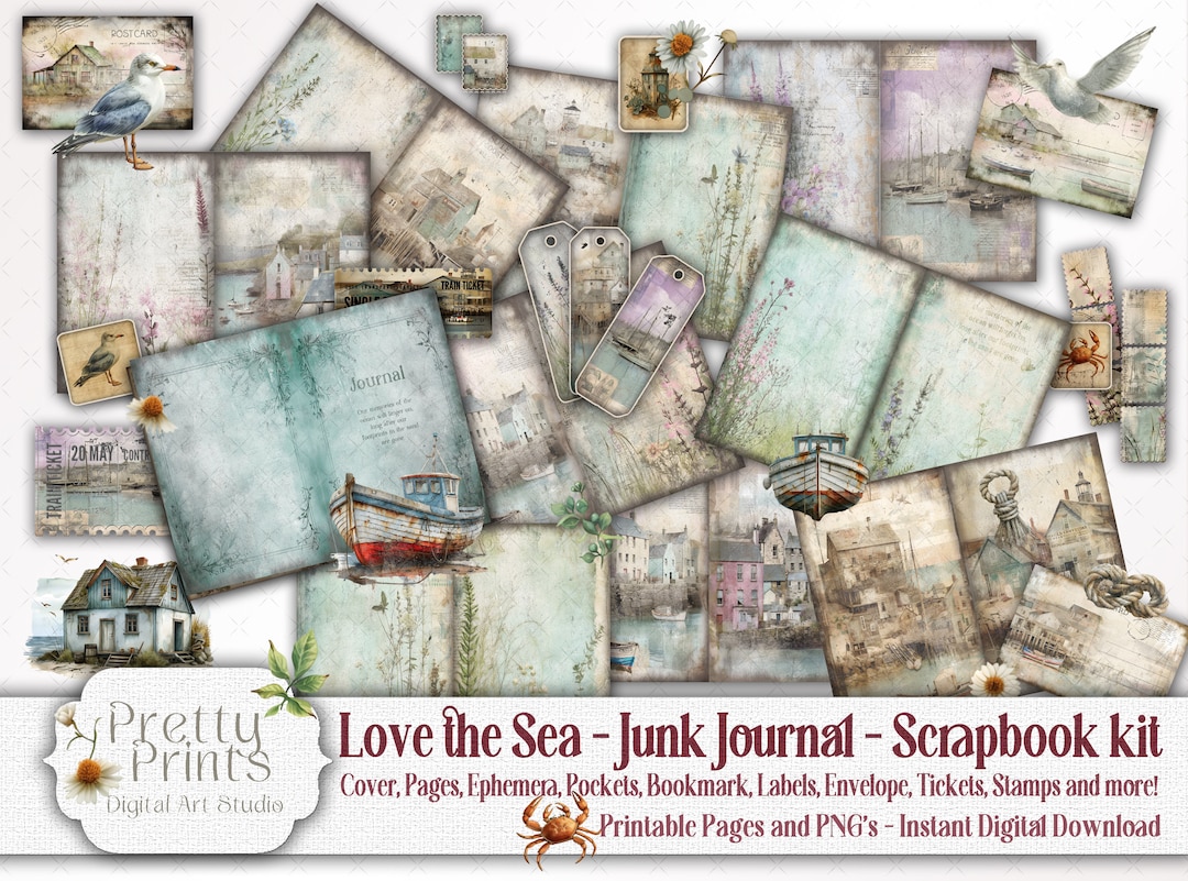 Coastal Holiday Town by the Sea Vintage Junk Journal Kit, Scrapbook ...