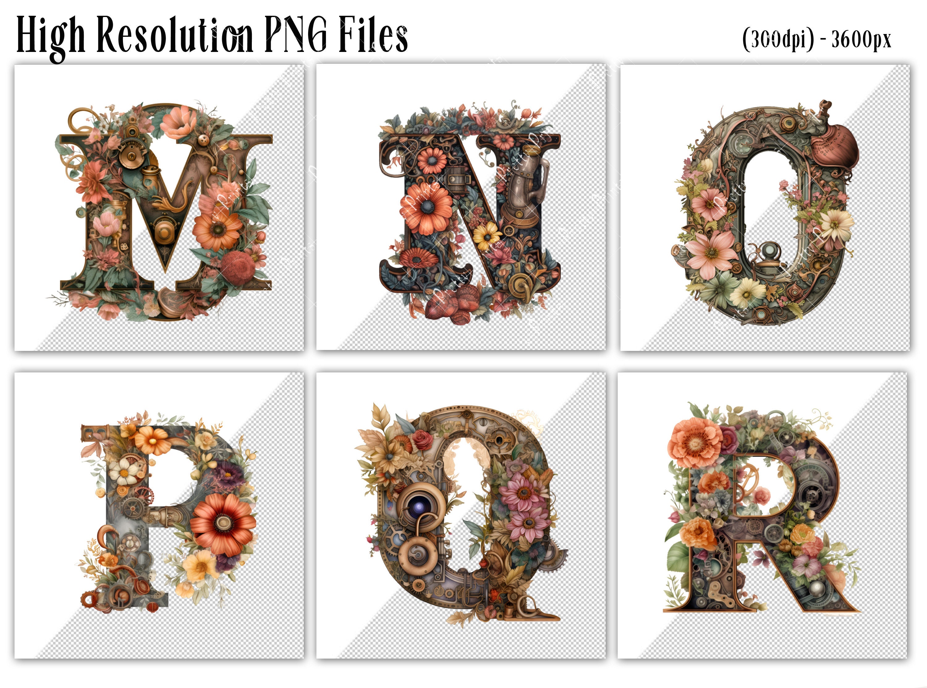 Steampunk Floral Alphabet Clip Art Full Set of ABC Pngs - Etsy