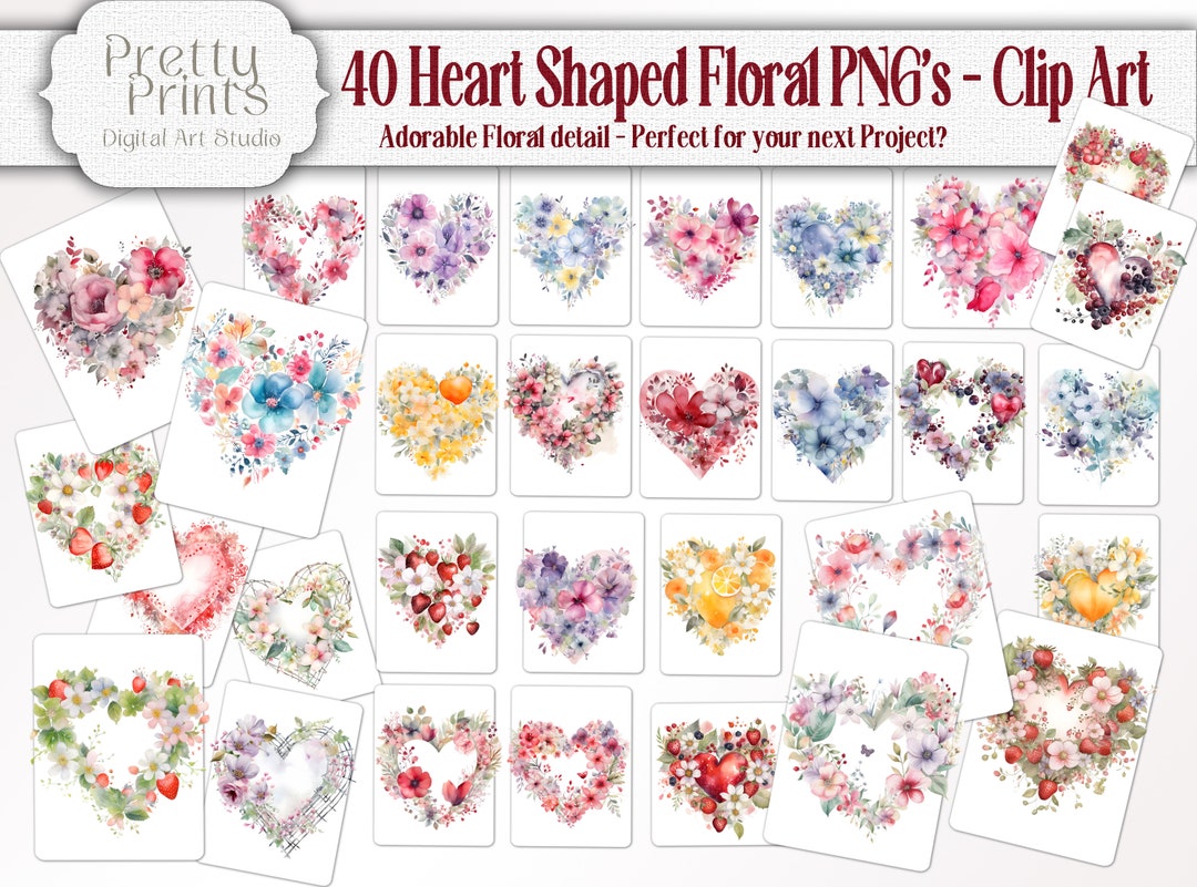 40 Heart Shaped Floral PNG Clip Art Bundle, Instant Digital Download ...