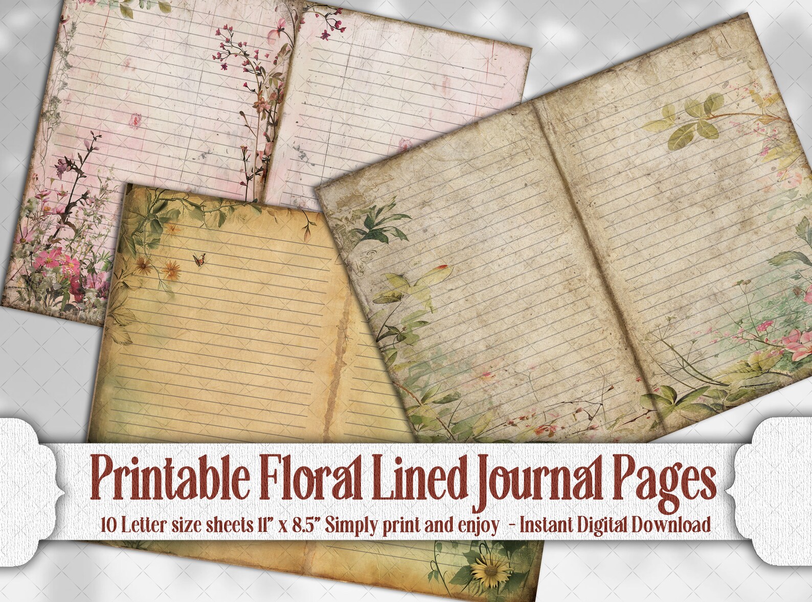 Vintage Floral Lined Journal Paper: Scrapbook Background - Craft ...