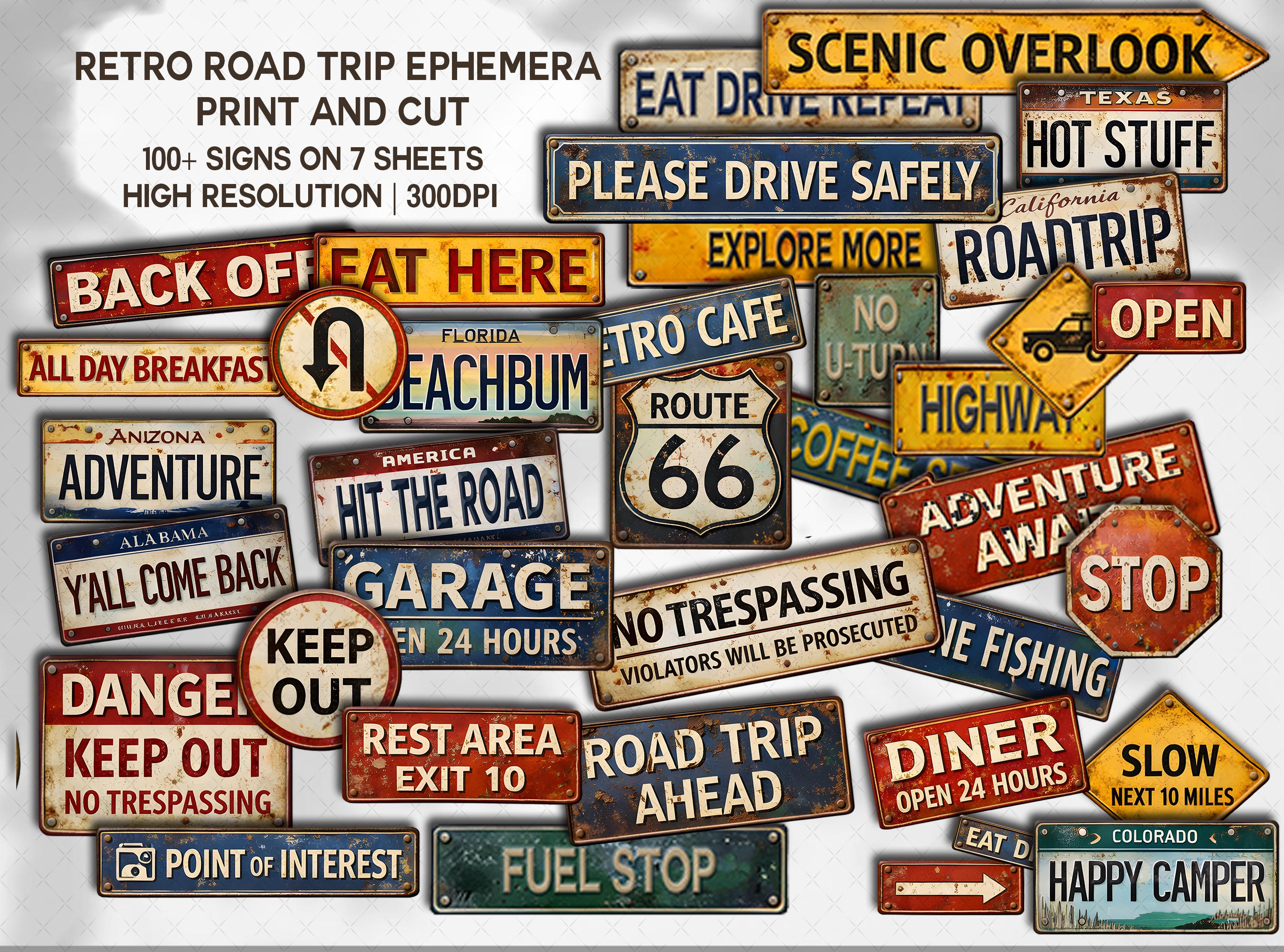 Road Trip Ephemera Signs: Retro Adventure Junk Journal - Scrapbook ...