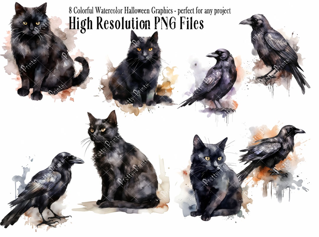 Halloween Cat & Crow Clip Art: Watercolor Witch PNG Graphics (digital ...