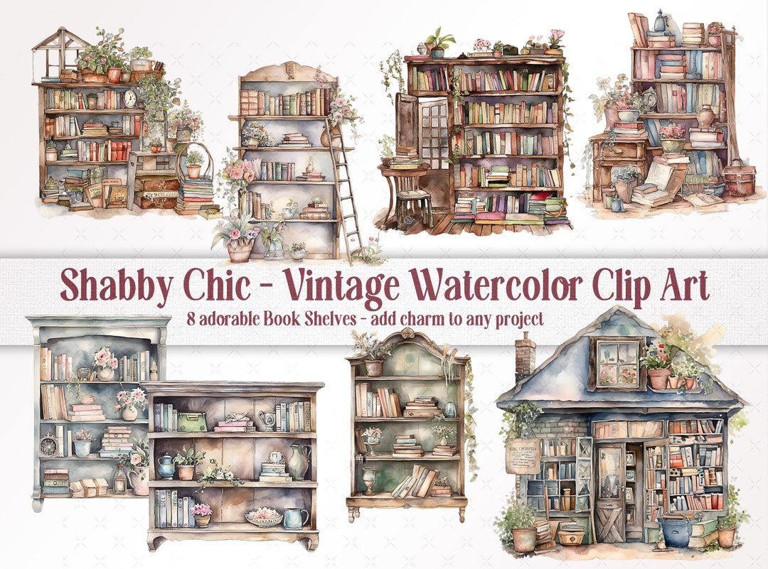 Shabby Chic Vintage Bookshelves Watercolor Clip Art - Dive Into ...