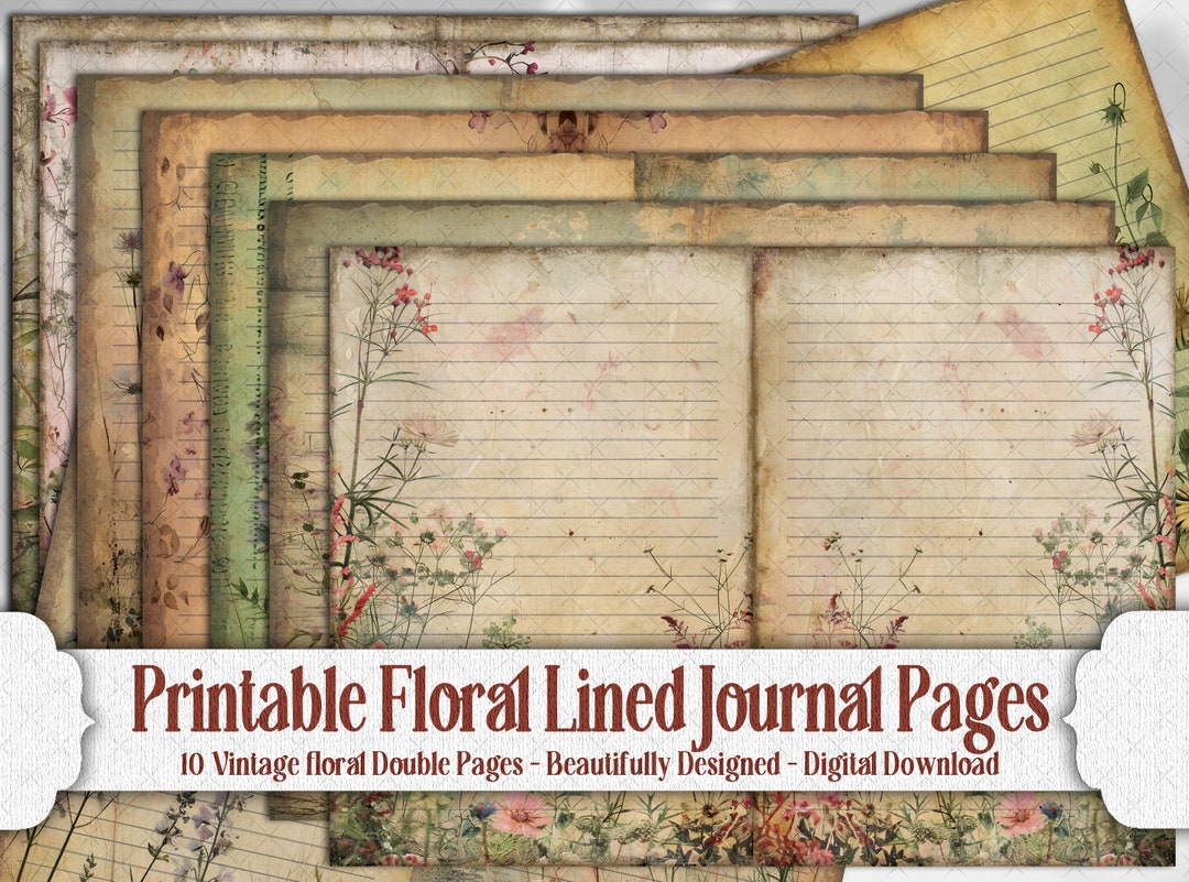 10 Printable Floral Lined Digital Paper Vintage Junk Journal Scrapbook ...