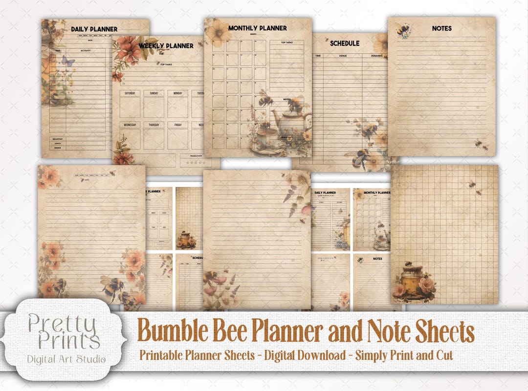 Bumble Bee Digital Planner Sheets - Note Paper - Stationery - Shabby ...