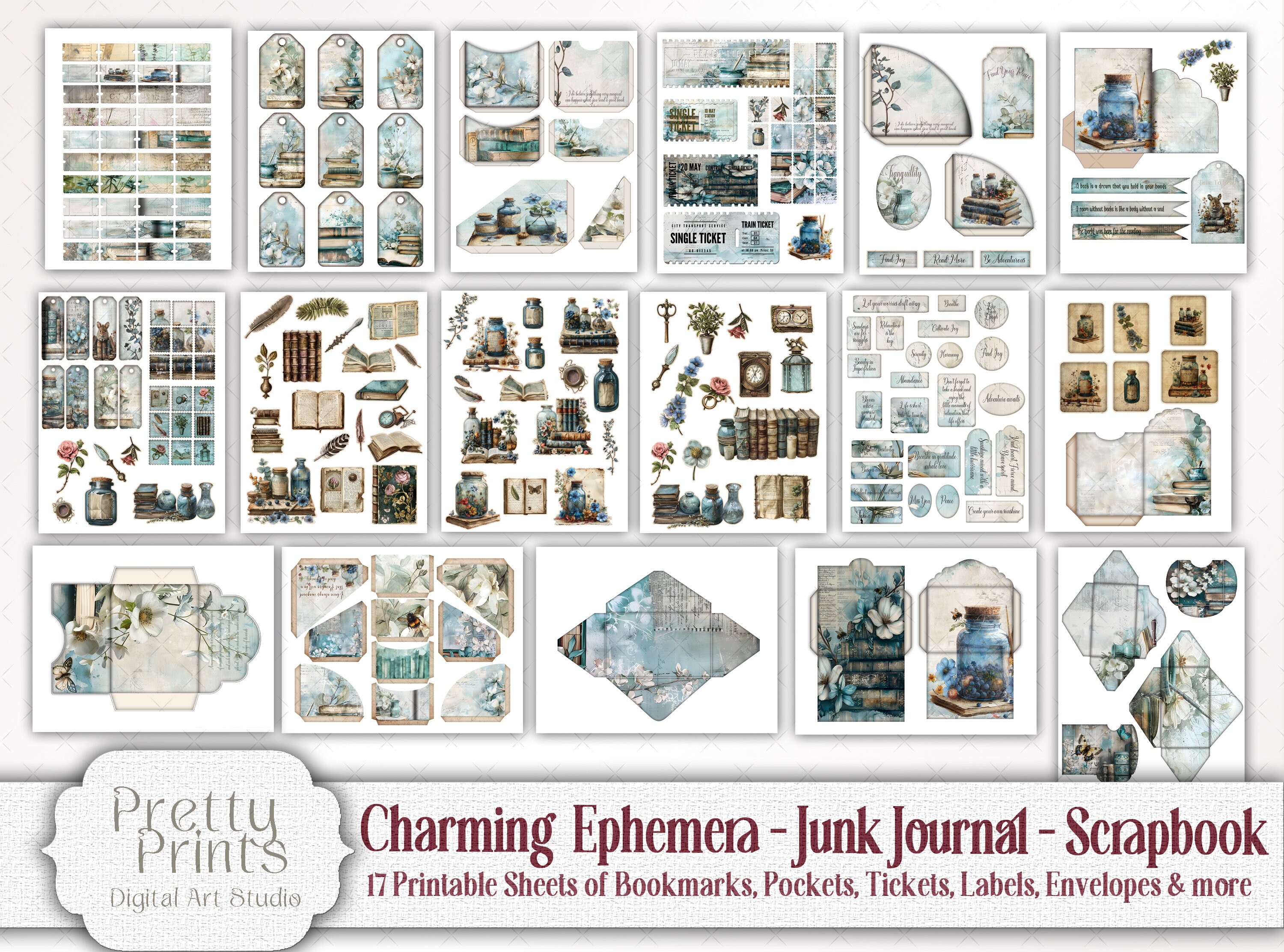 Secret Library Junk Journal Printable Kit, 100+ Ephemera, Blue Library ...