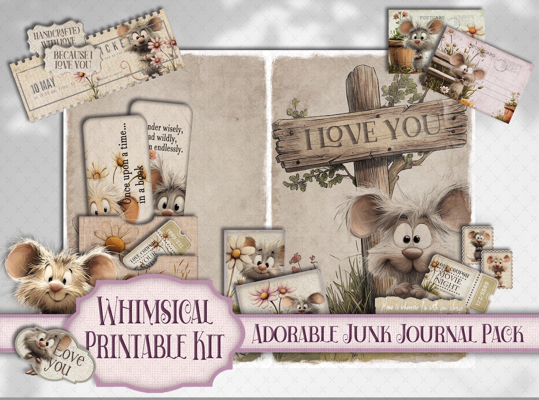 Mouse Junk Journal Pack: Whimsical Cartoon Scrapbook Pages, Ephemera ...