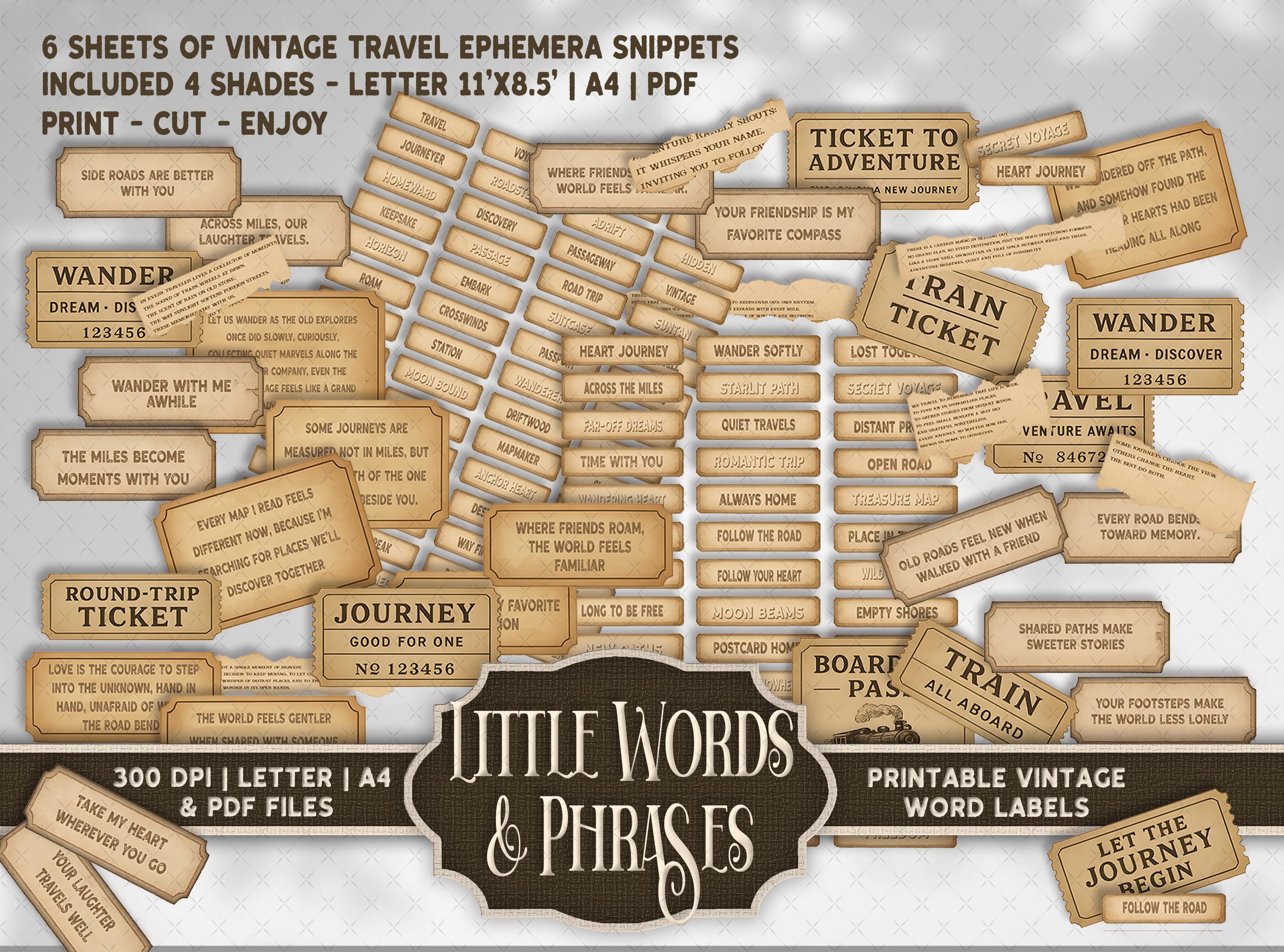 Travel Words & Phrases Labels: Vintage Quote Ephemera for Junk Journal ...