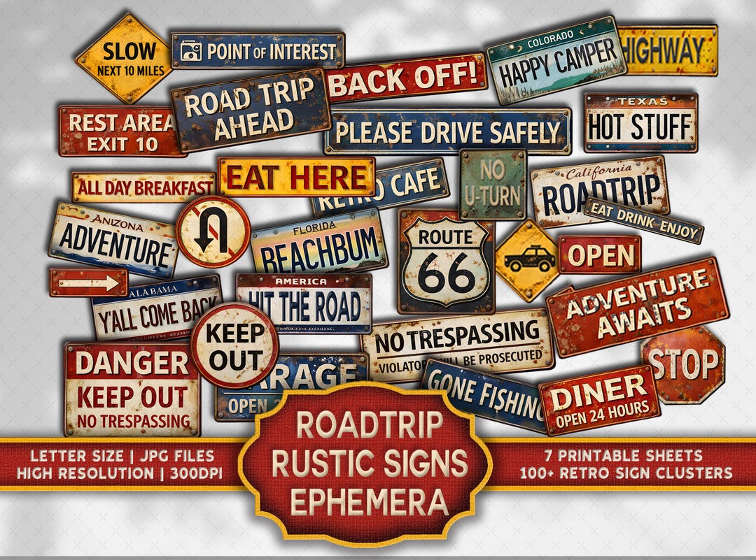 Road Trip Ephemera Signs: Retro Adventure Junk Journal - Scrapbook ...