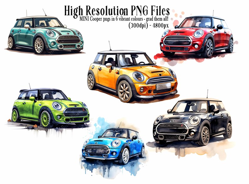 6 Mini Cooper S Clip Art Digital Images, Modern Colorful Mini Cooper S ...
