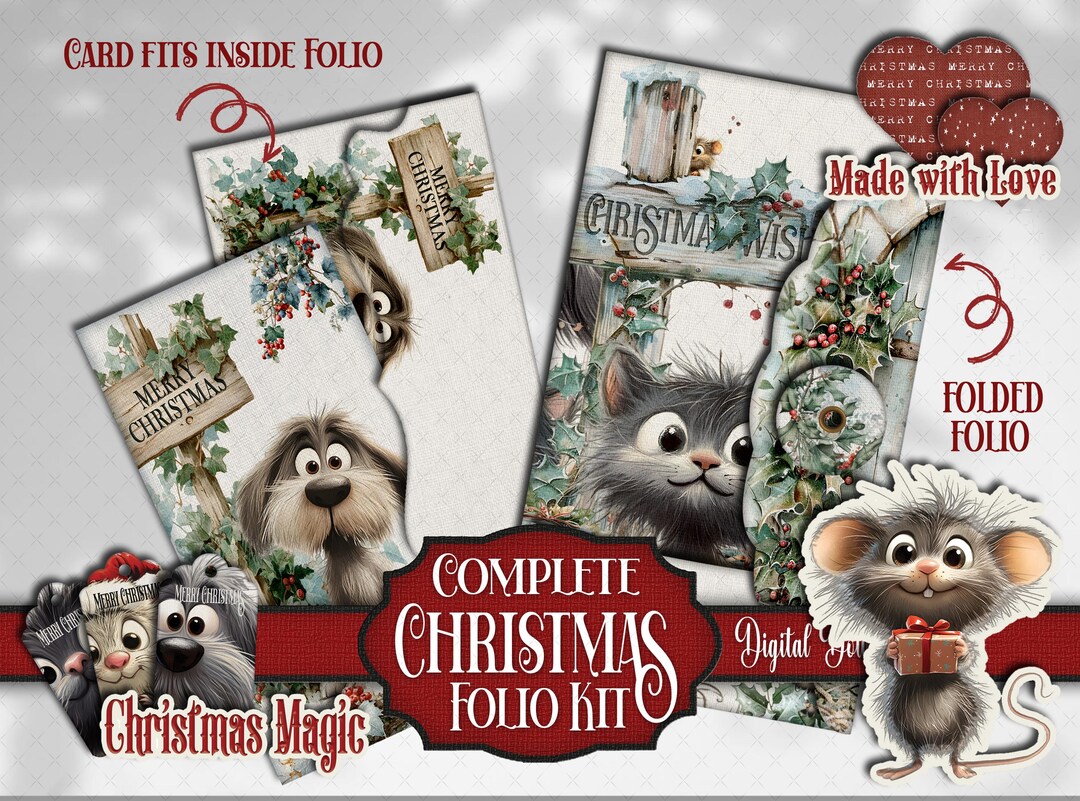 Kerst Quirky Critters Folio Kit: afdrukbaar rommeldagboek met vakken en ...