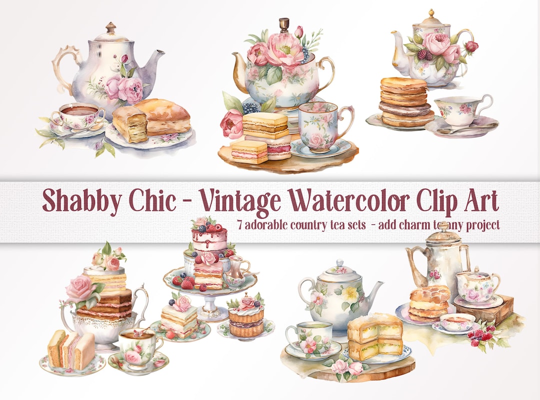 Shabby Chic Tea Party Clip-art Pack: Vintage Watercolour Set - Digital ...