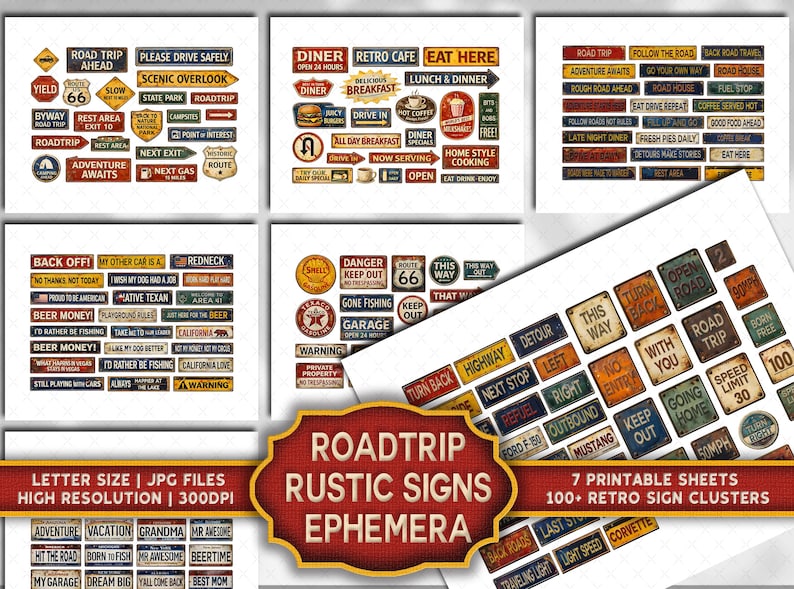 Road Trip Ephemera Signs: Retro Adventure Junk Journal - Scrapbook ...