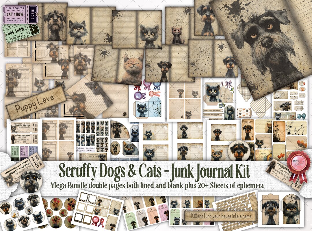 Scruffy Dogs & Cats Junk Journal Printable Kit, Fluffy Kitten, Rascally ...