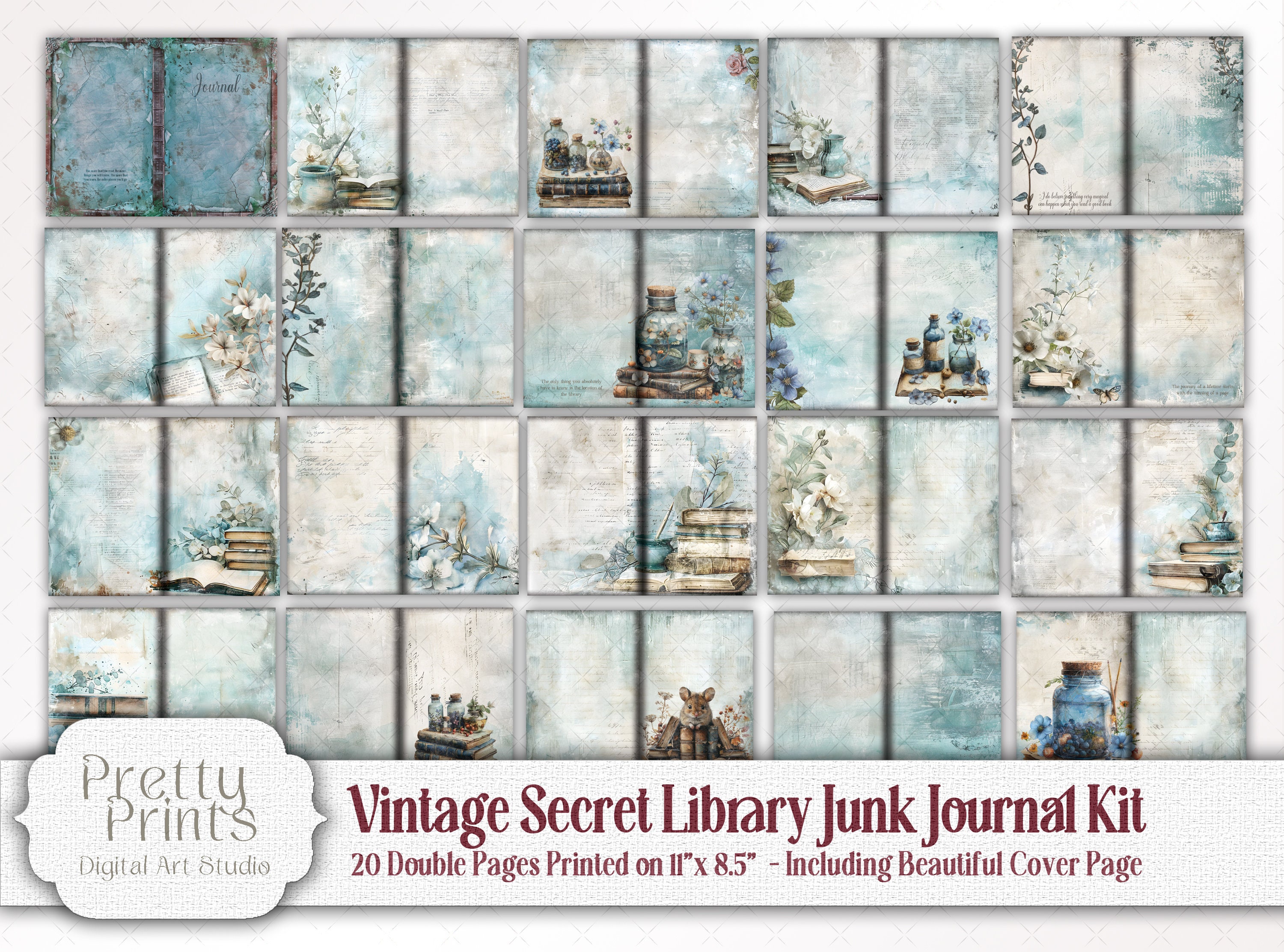 Secret Library Junk Journal Printable Kit, 100+ Ephemera, Blue Library ...